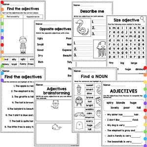 Parts of the Speech - ADJECTIVES - Posters and Worksheets - Etsy