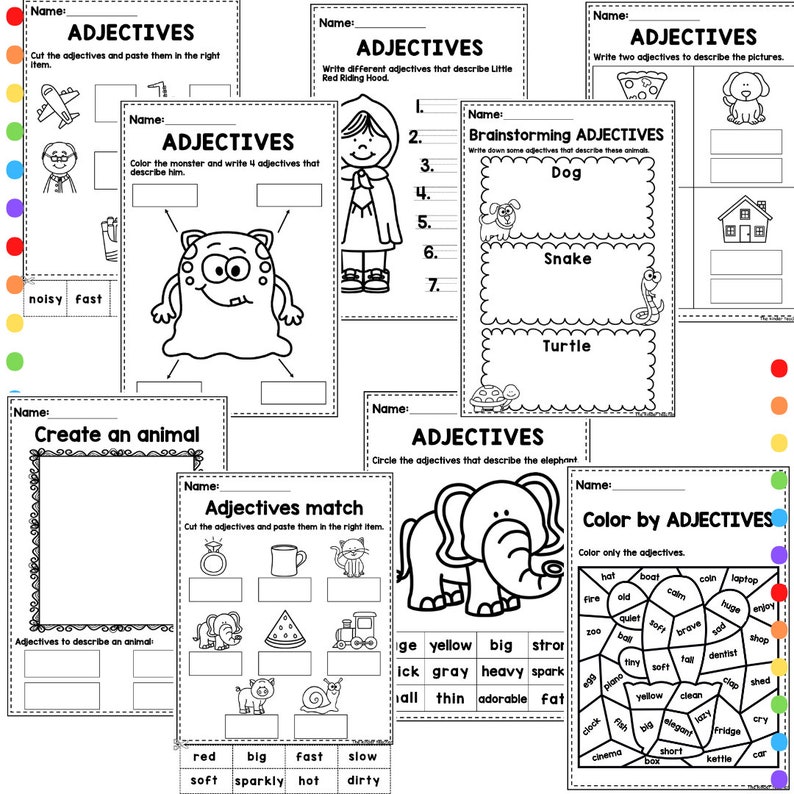 Parts of the Speech - ADJECTIVES - Posters and Worksheets - Etsy