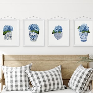 Blue Hydrangea Botanical Prints, Set of 4, Vintage Floral, Coastal ...