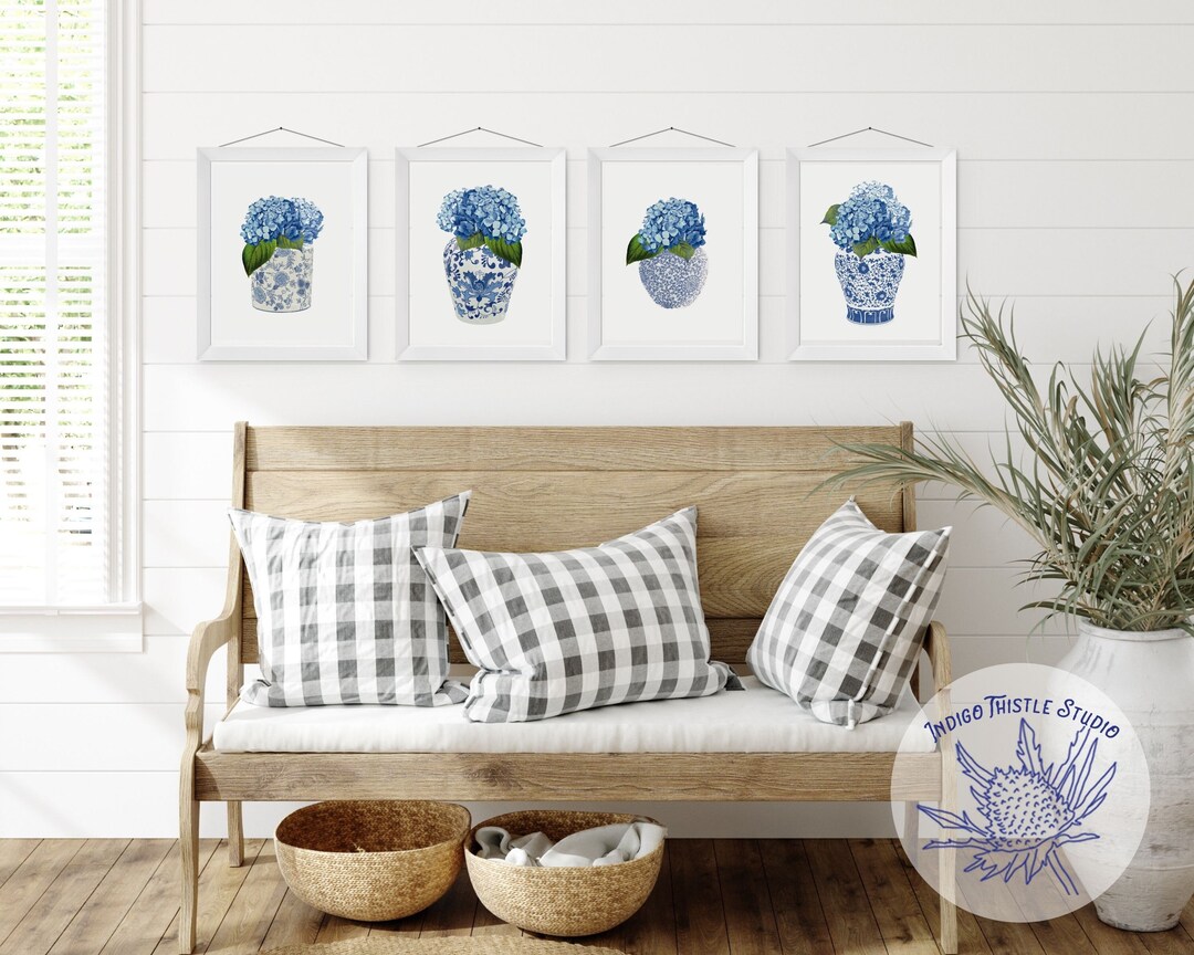 Blue Hydrangea Botanical Prints, Set of 4, Vintage Floral, Coastal ...
