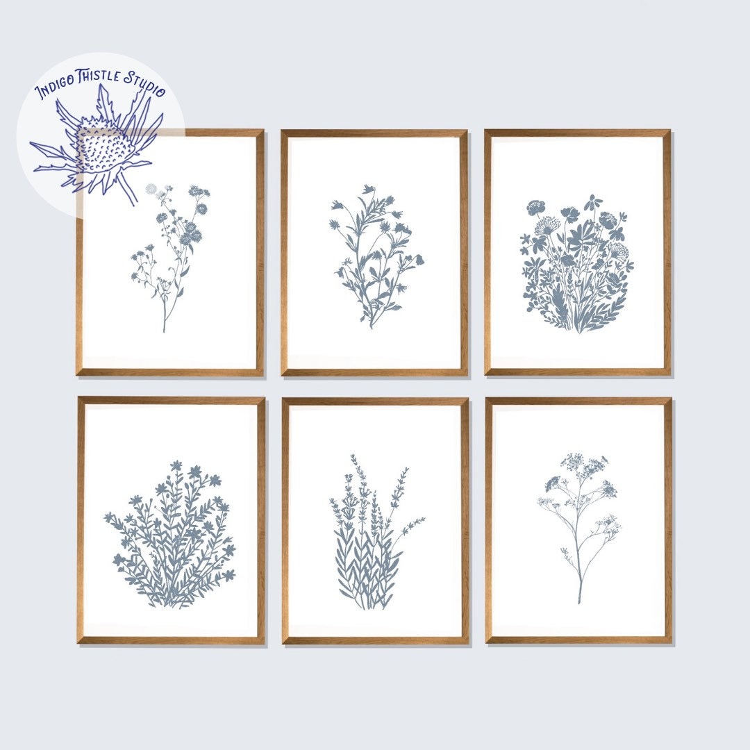 Navy Botanical Print Set, Rustic Floral Prints, Minimalist Prints ...