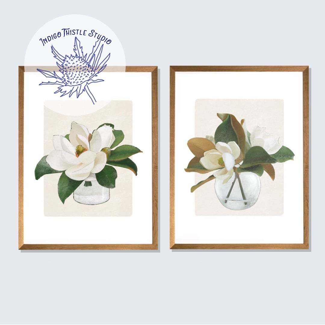 Botanical Print Set of 2, Magnolia Floral, Botanical Farmhouse Prints ...