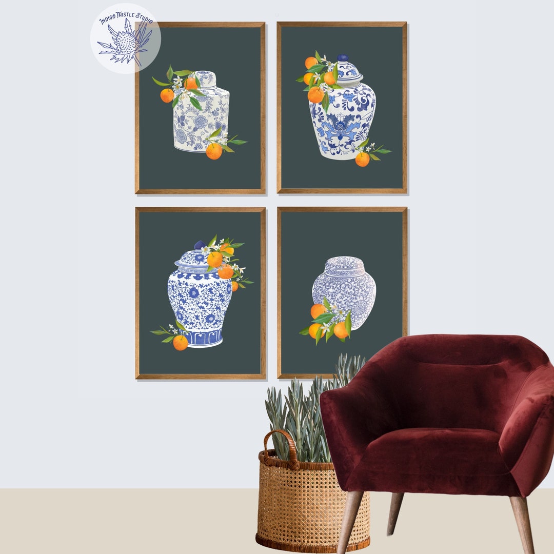 Oranges Citrus Prints, Ginger Jar Prints Set of 4, Blue and White Vases ...