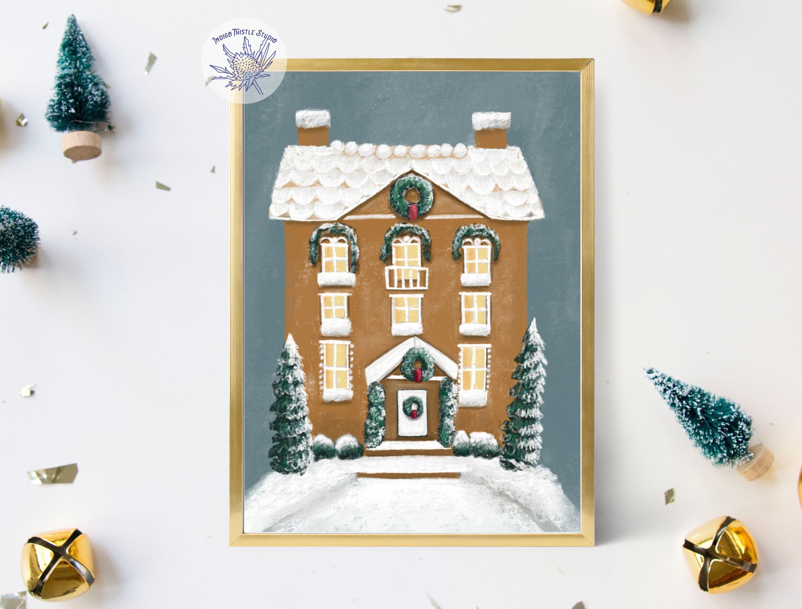 Christmas Wall Art, Christmas Trees, Gingerbread House Illustration ...