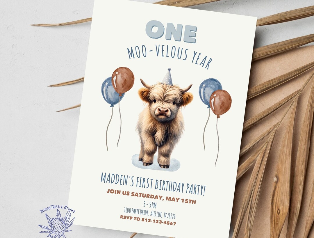 Highland Cow Birthday Invite, Boho Cow, Holy Cow, Moovelous Year ...