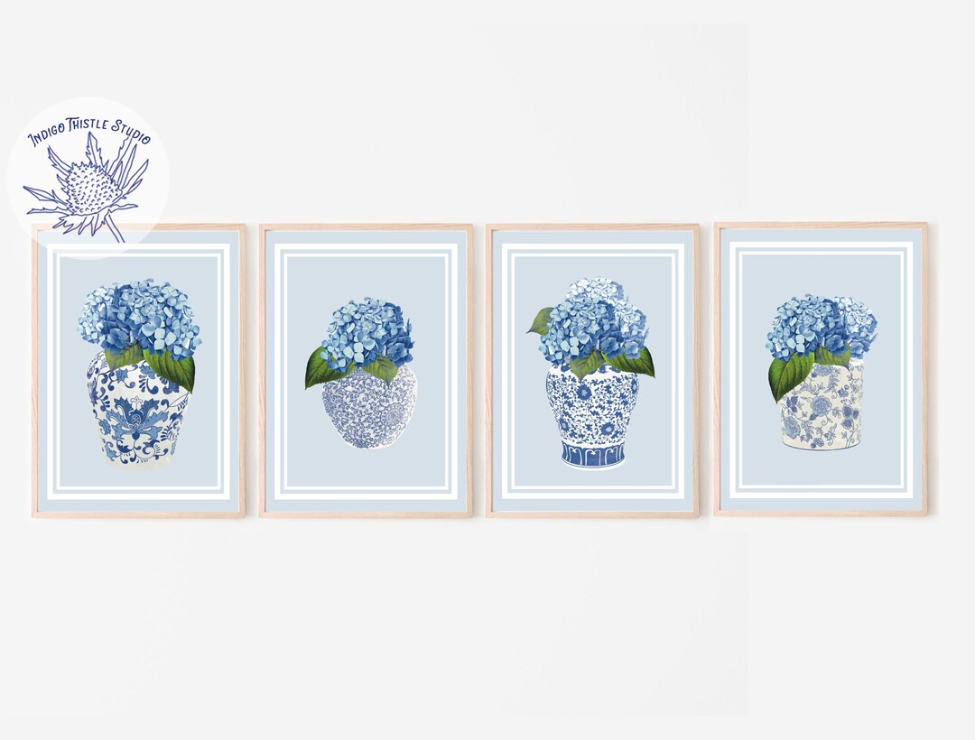 Blue Hydrangea Light Blue Set of 4, Botanical Prints, Vintage Floral ...