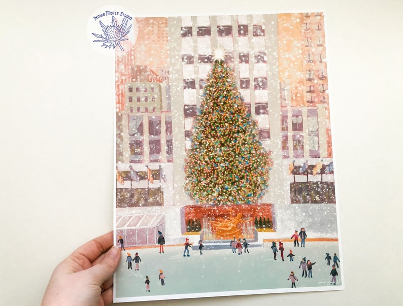 Christmas Tree Art Print, Rockefeller Ice Skating Illustration ...