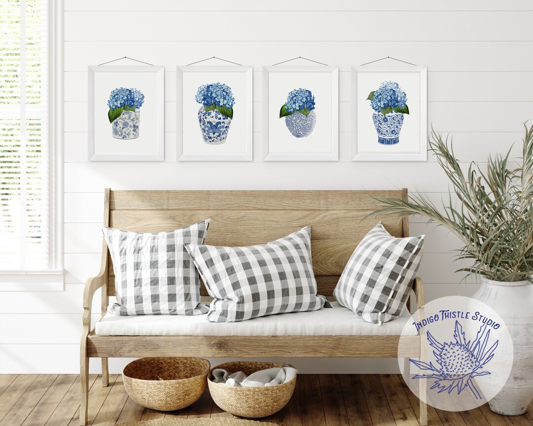 Set of 4 Hydrangea Prints, Blue Flowers, Coastal Decor, Preppy Floral ...