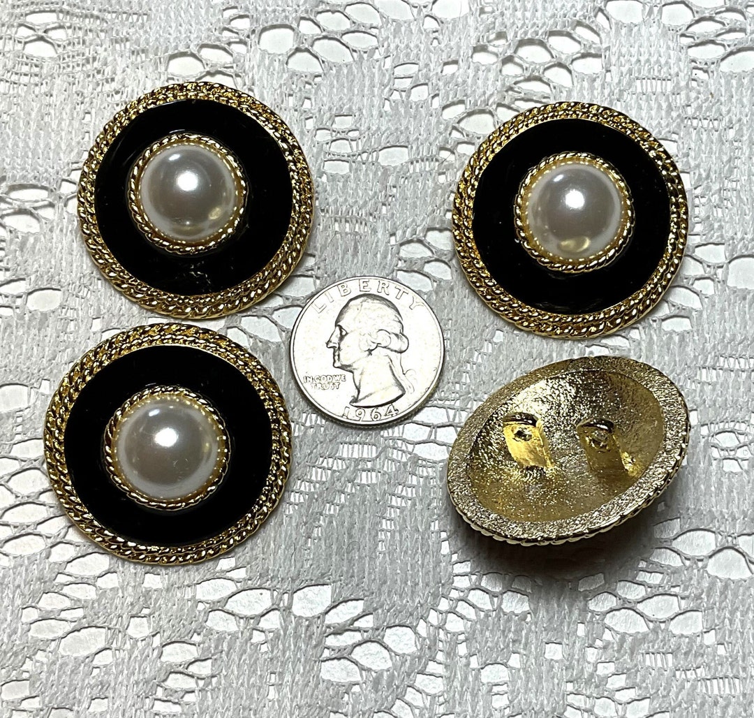 4 Vintage Metal Shiny Gold Black Enameled Buttons With Pearl Cabochon ...