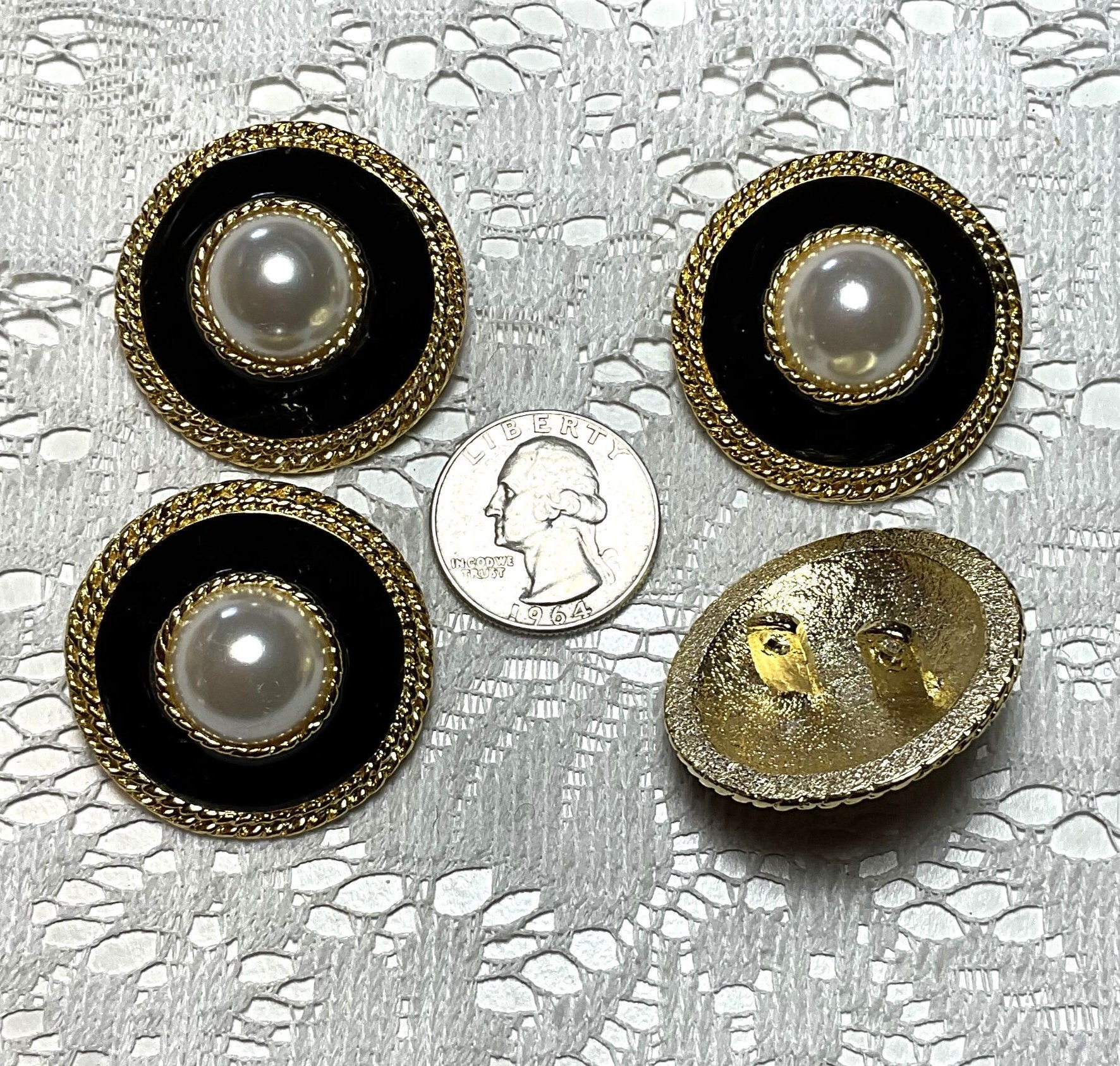 4 Vintage Metal Shiny Gold Black Enameled Buttons With Pearl Cabochon ...