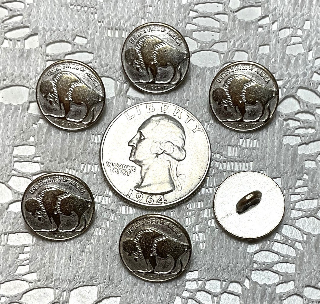 6 Vintage Metal Faux Buffalo Nickel Coin Shank Buttons 24 Ligne, 15mm ...