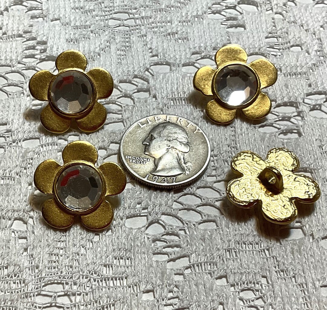 4 Vintage Metal Daisy Buttons With Glass Stone 36 Ligne, 15/16", 22.5mm ...