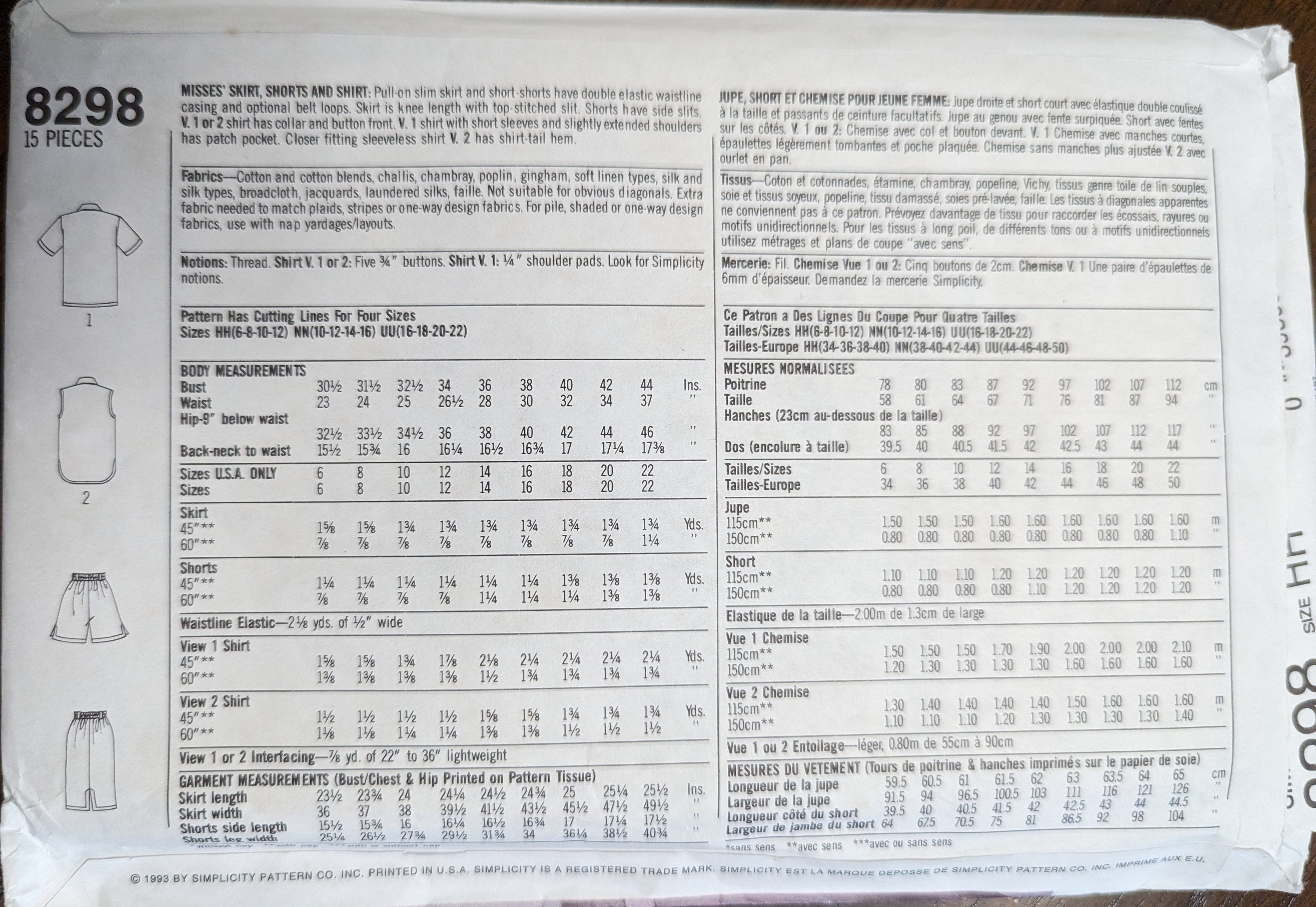 Uncut Simplicity Sewing Pattern 8298 for Skirt, Shorts and Shirt. Sizes ...