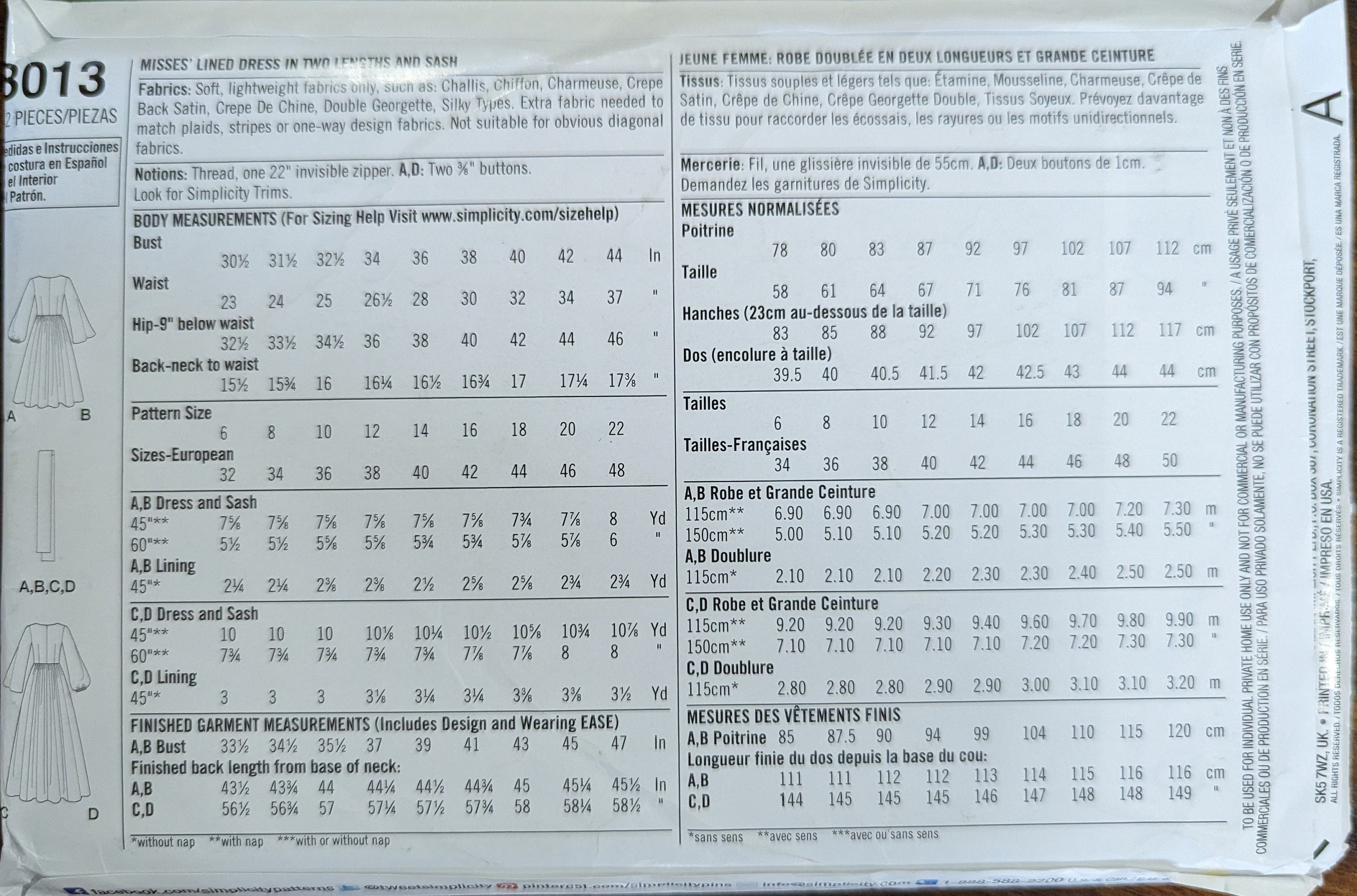 Uncut Simplicity Sewing Pattern #8013 for Vintage 70s Lined Dress in 2 ...