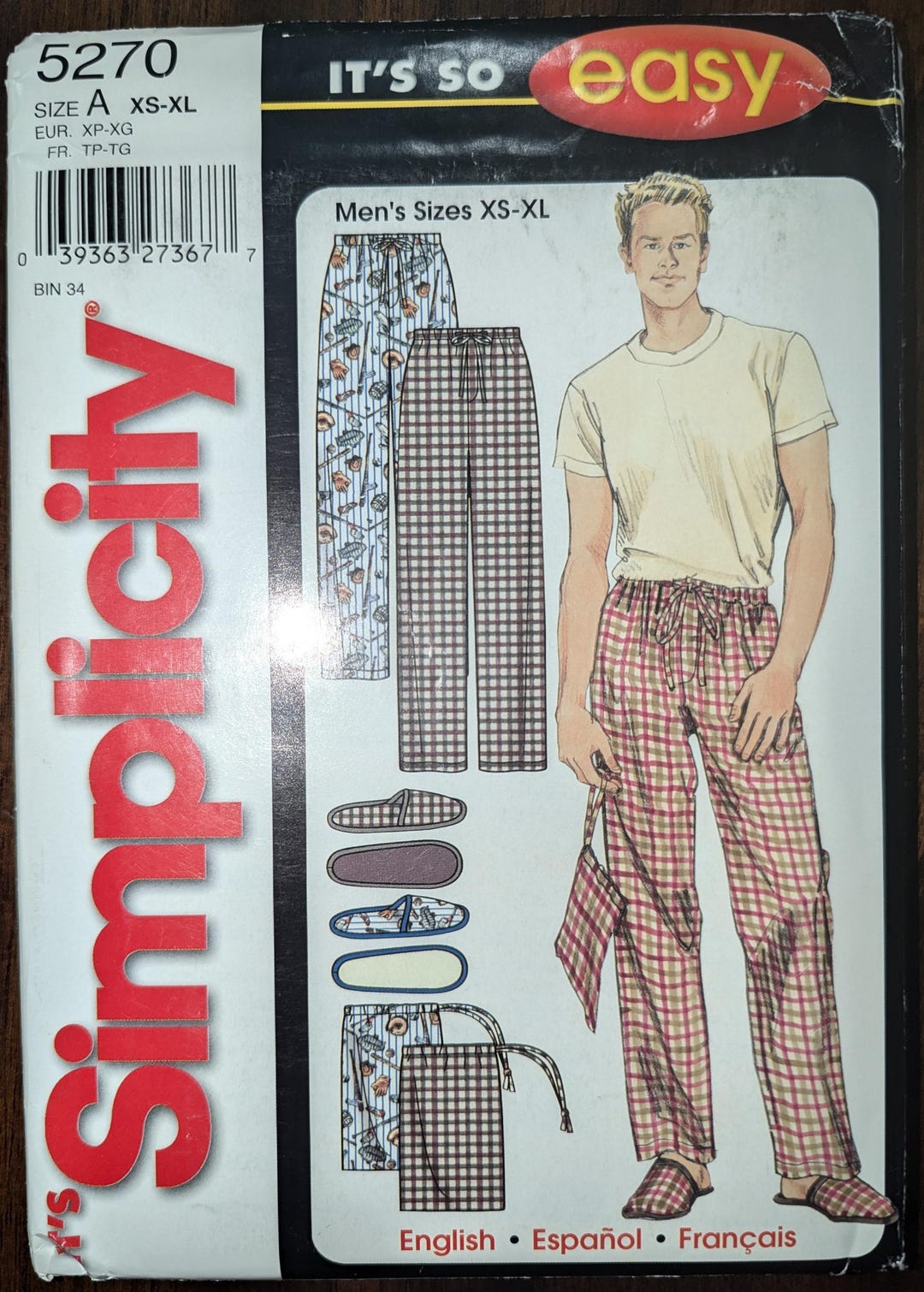 Uncut Simplicity Sewing Pattern #5270 for Men's Pajama Bottoms and Slippers and Bag. Sizes XS-XL ...