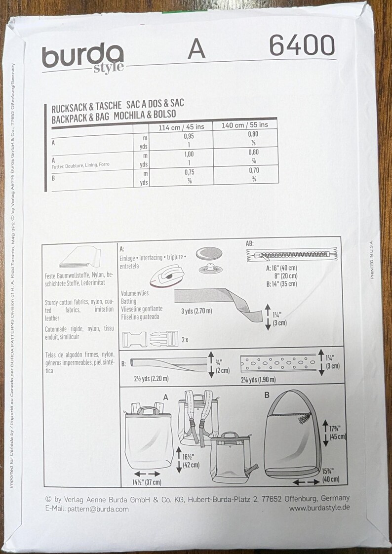 Uncut Burda Sewing Pattern #6400 for Backpack and Bag. One Size. - Etsy