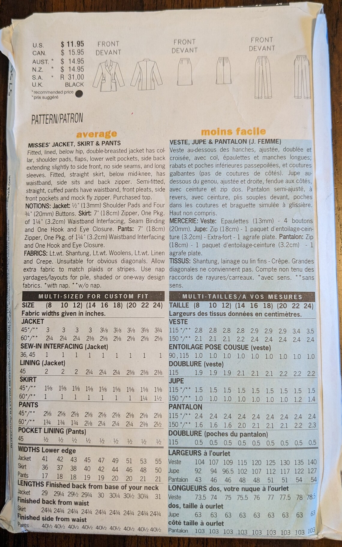 Uncut Butterick Sewing Pattern 5750 for Misses' Jacket, Skirt and Pants ...