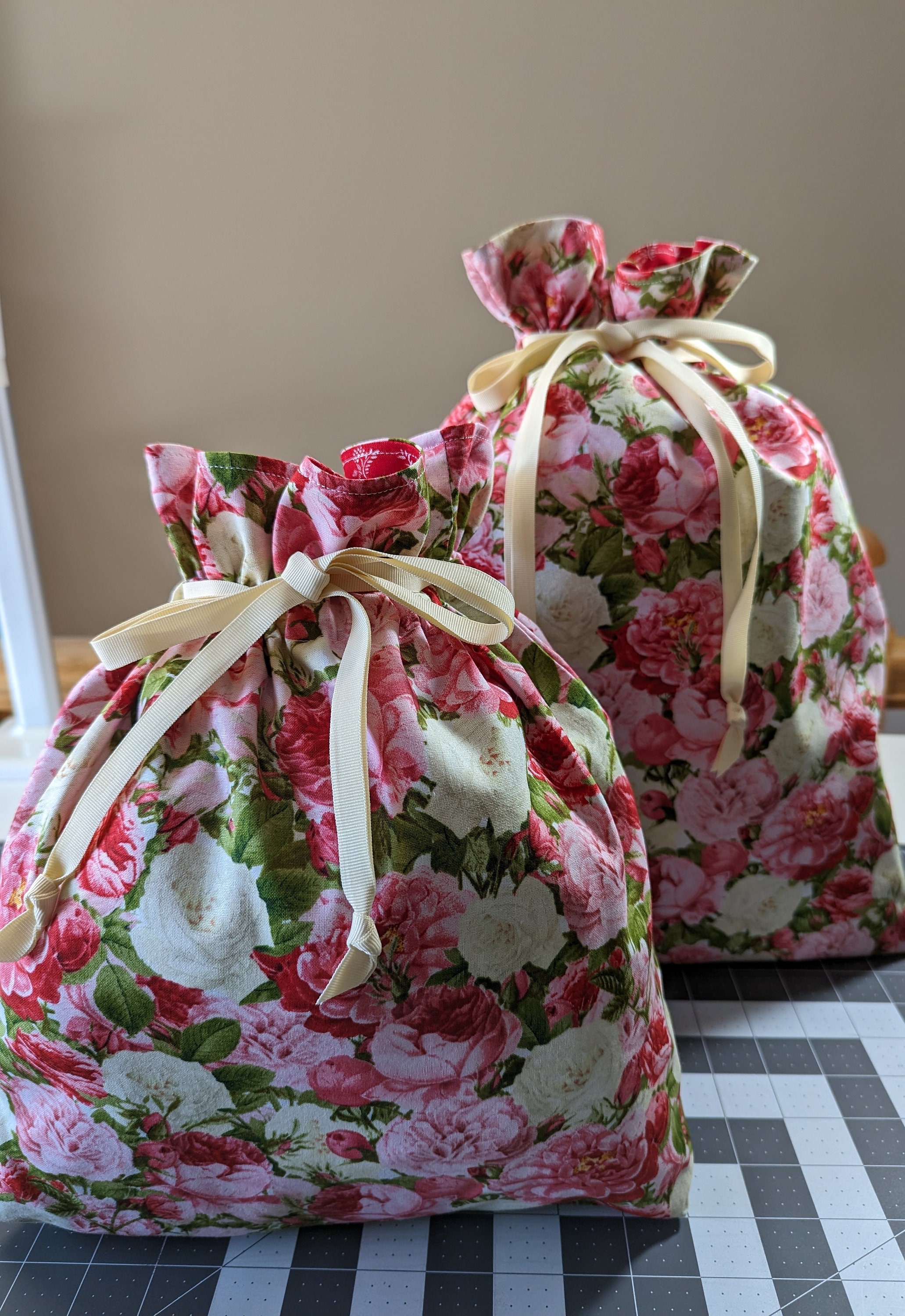 Eco Friendly Pink and Red Floral Fully Lined Drawstring Fabric Gift ...