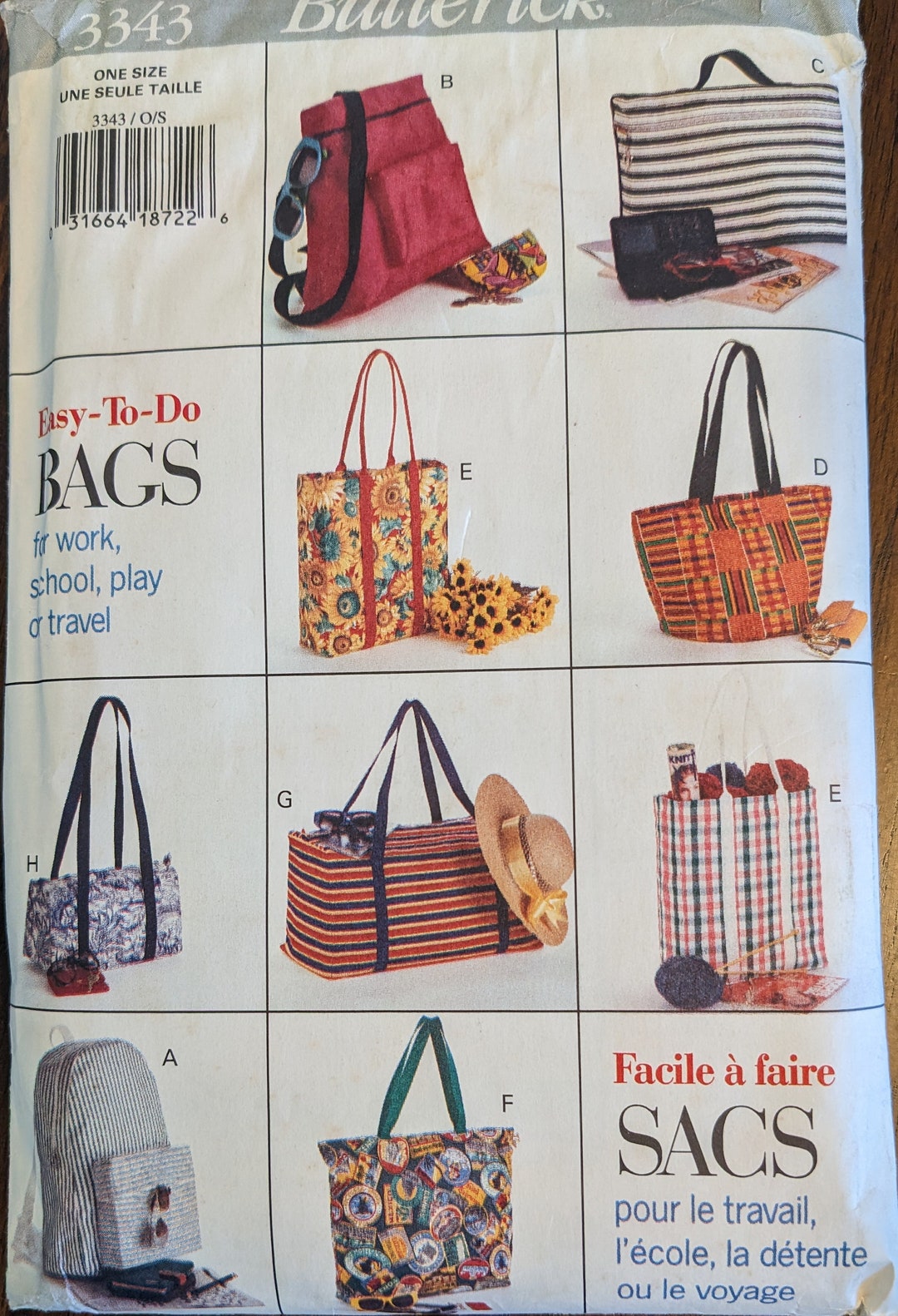 Uncut Butterick Sewing Pattern #3343 for Tote Bags, Market Bags ...