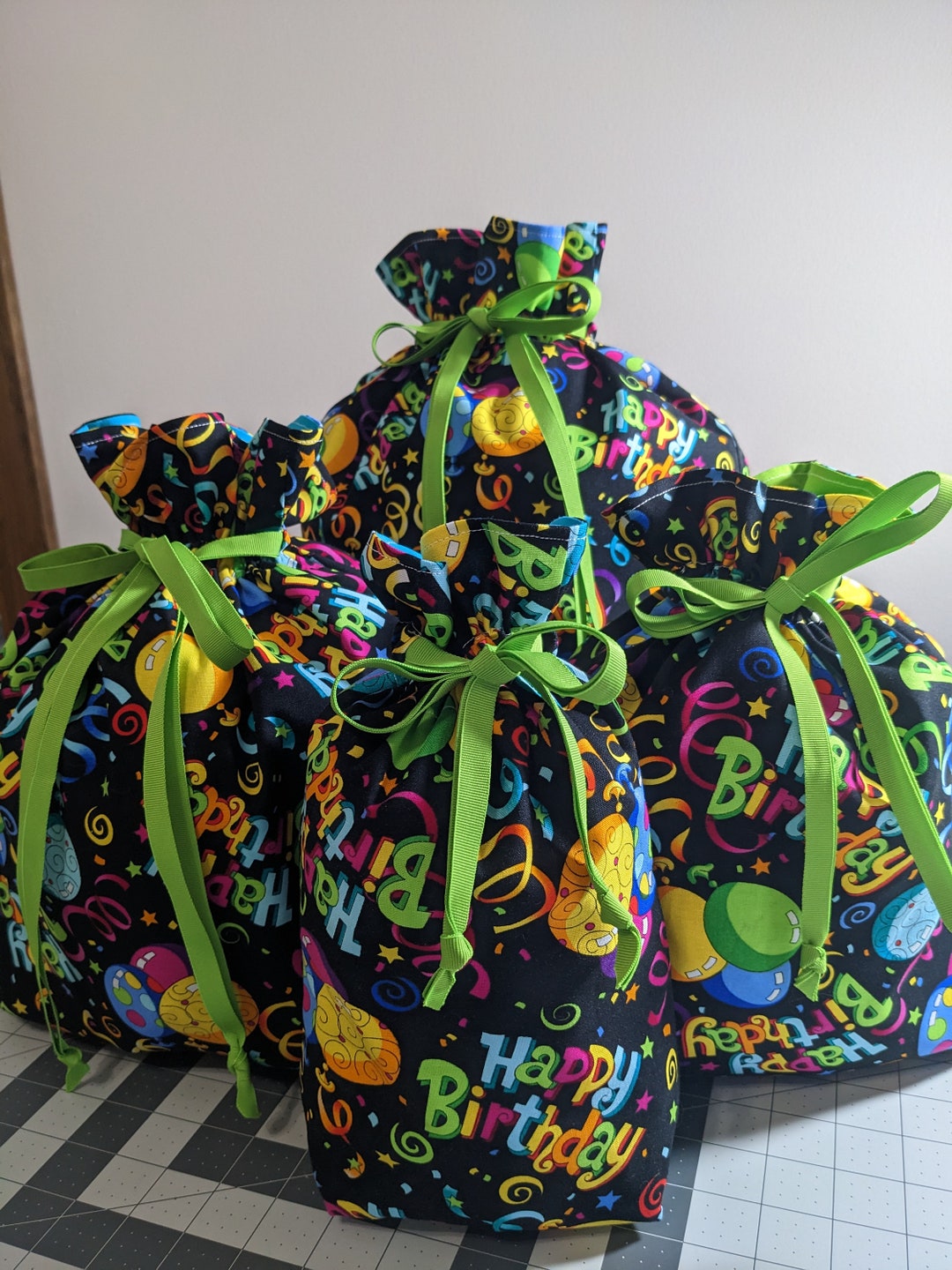 Eco Friendly Happy Birthday Pattern Fully Lined Drawstring Fabric Gift ...