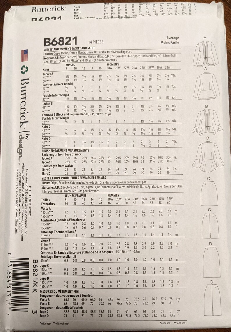 Uncut Butterick Sewing Pattern B6821 for Womens' Plus Size Jacket 2 ...