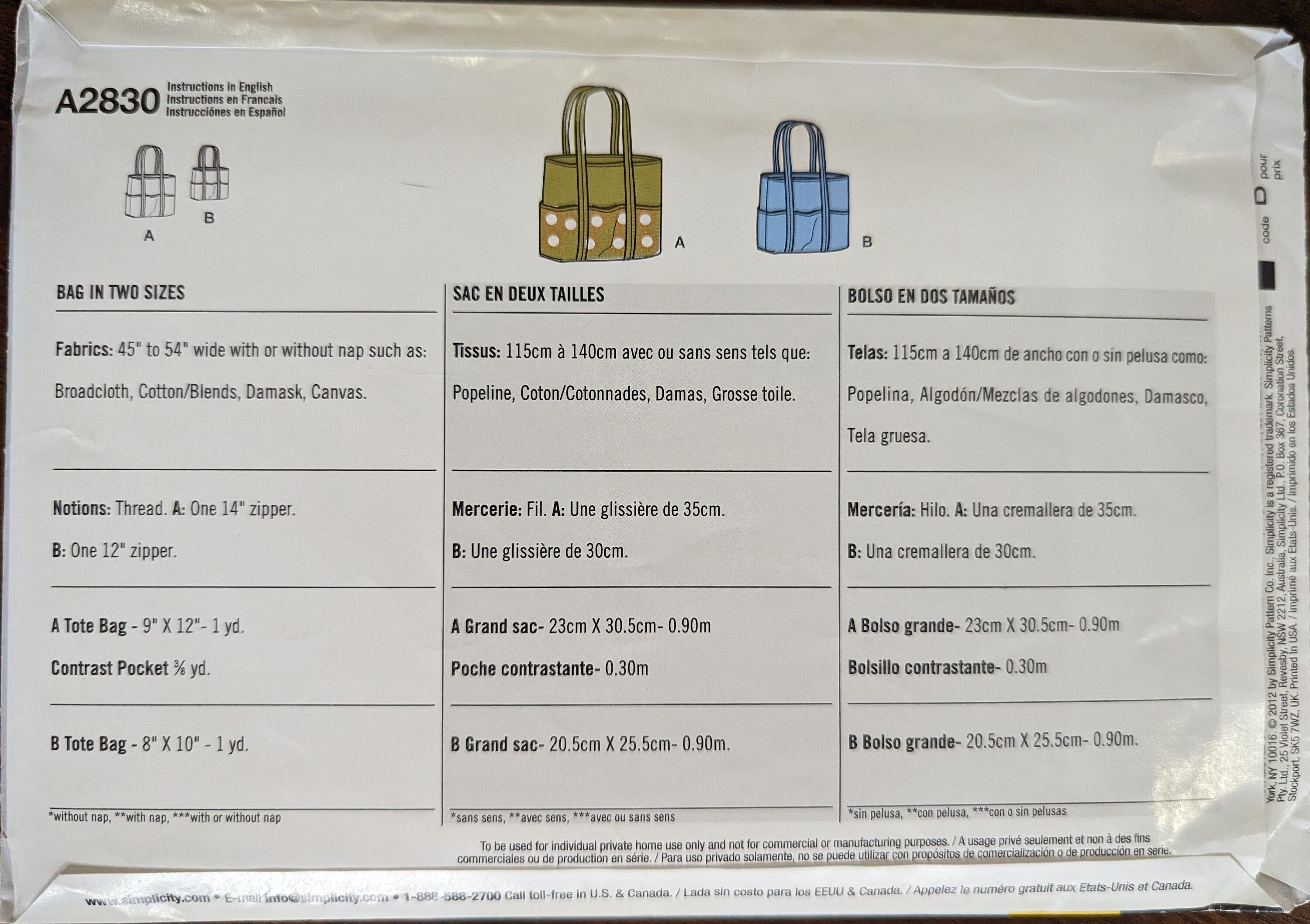 Uncut Simplicity Sewing Pattern #A2830 for Bags in Two Sizes. - Etsy