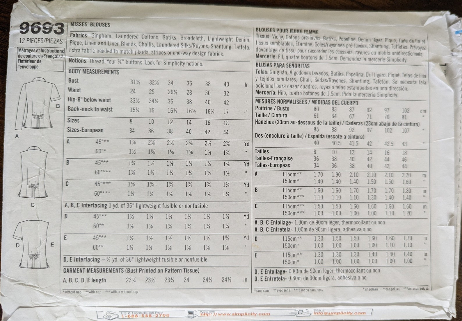 Uncut Simplicity Sewing Pattern 9693 for Misses' Blouses With ...