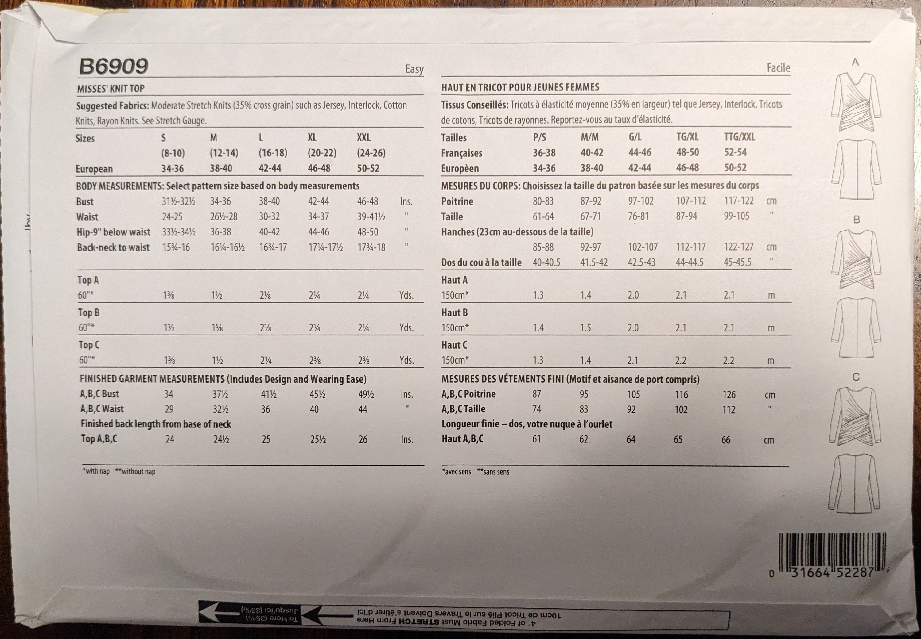 Uncut Butterick Sewing Pattern B6909 for Misses' Knit Top With 2 ...