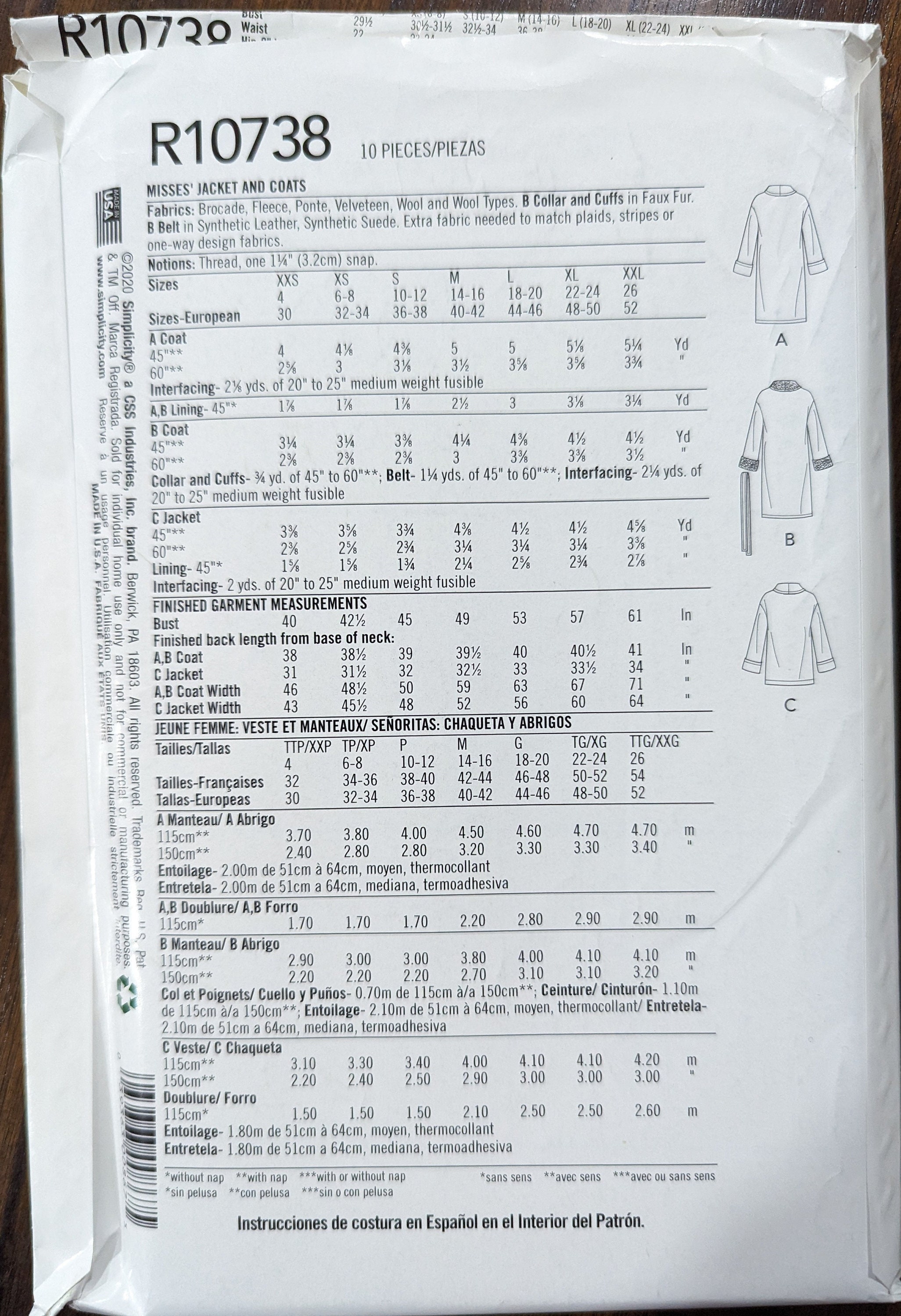 Uncut Simplicity Sewing Pattern #R10738 for Misses' Jacket and Coats ...