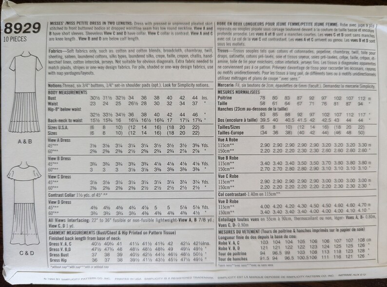 Uncut Simplicity Sewing Pattern 8929 for Misses' Dress in 2 Lengths ...