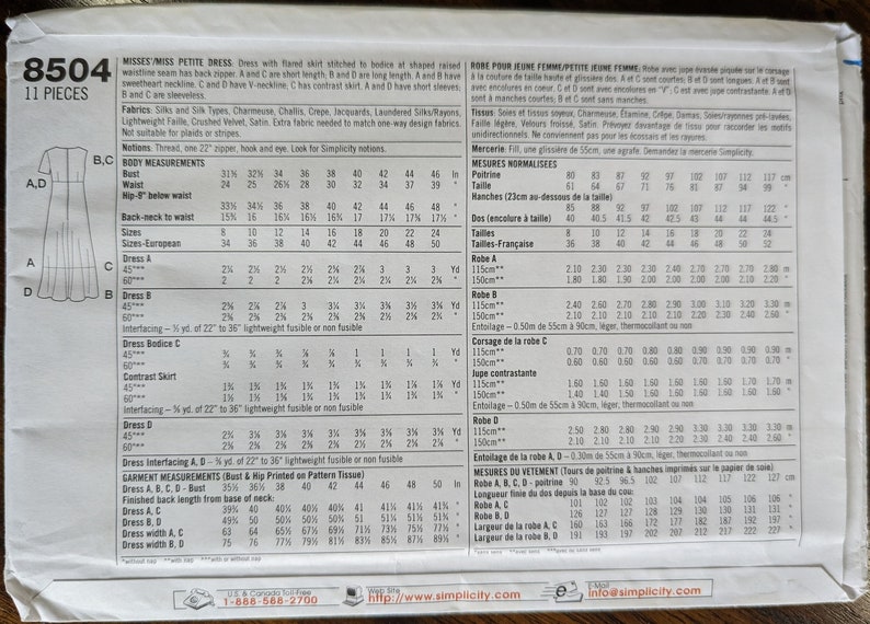 Uncut Simplicity Sewing Pattern #8504 for Misses' Dress With 4 ...