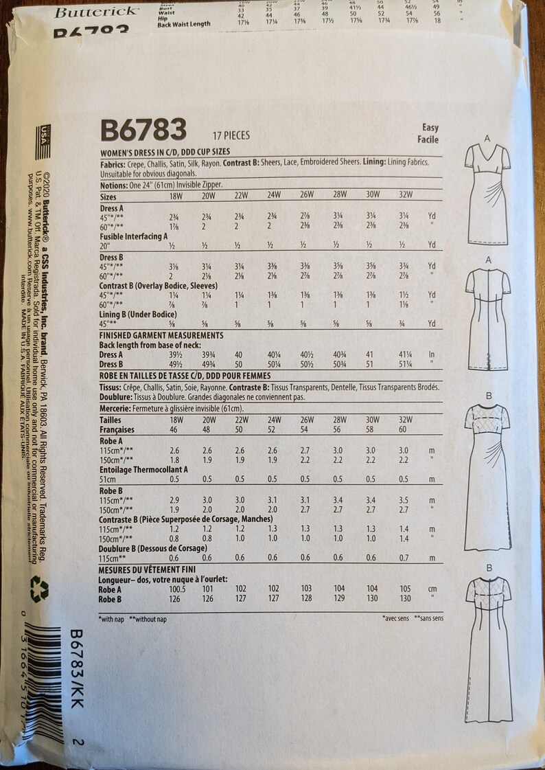 Uncut Butterick Sewing Pattern B6783 for Women's Plus Size Dress in 2 ...