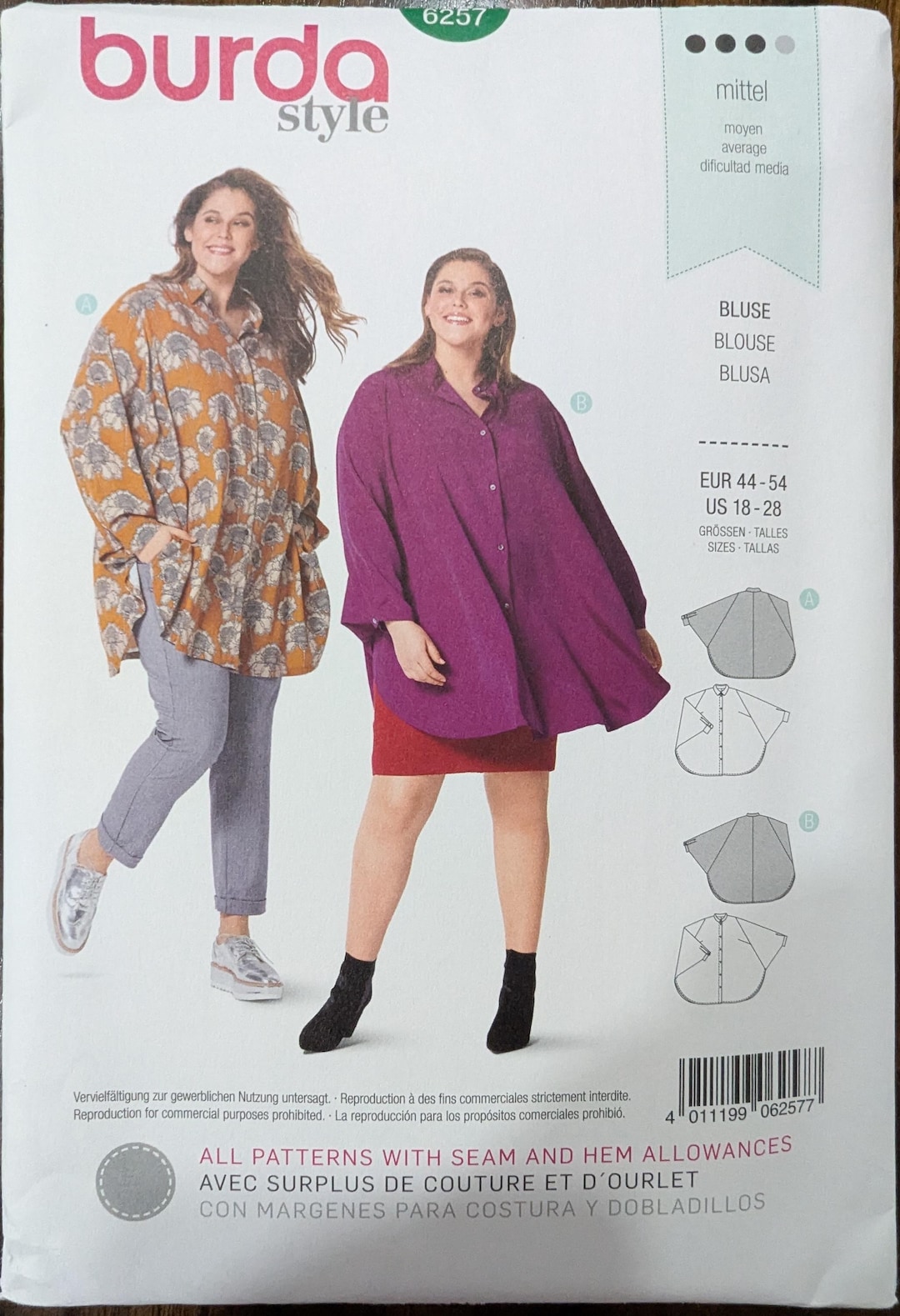 Uncut Burda Sewing Pattern #6257 for Misses' Plus Size Blouse. Sizes 18 ...