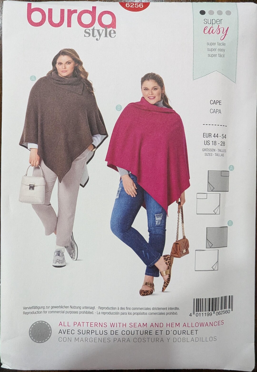 Uncut Burda Sewing Pattern #6256 for Misses' Plus Size Cape. Sizes 18 ...