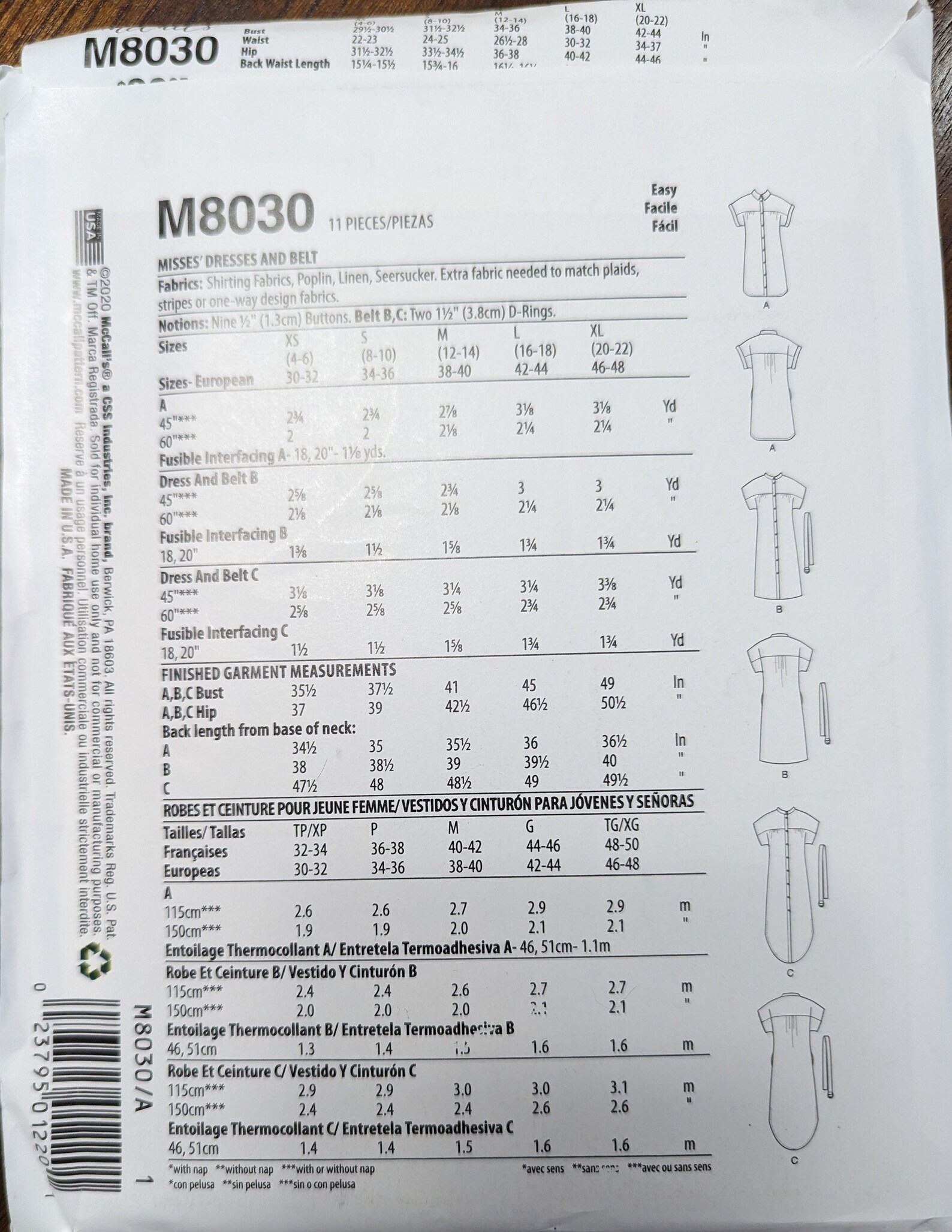 Uncut Mccall's Sewing Pattern M8030 for Misses' Dresses and Belt. Sizes ...