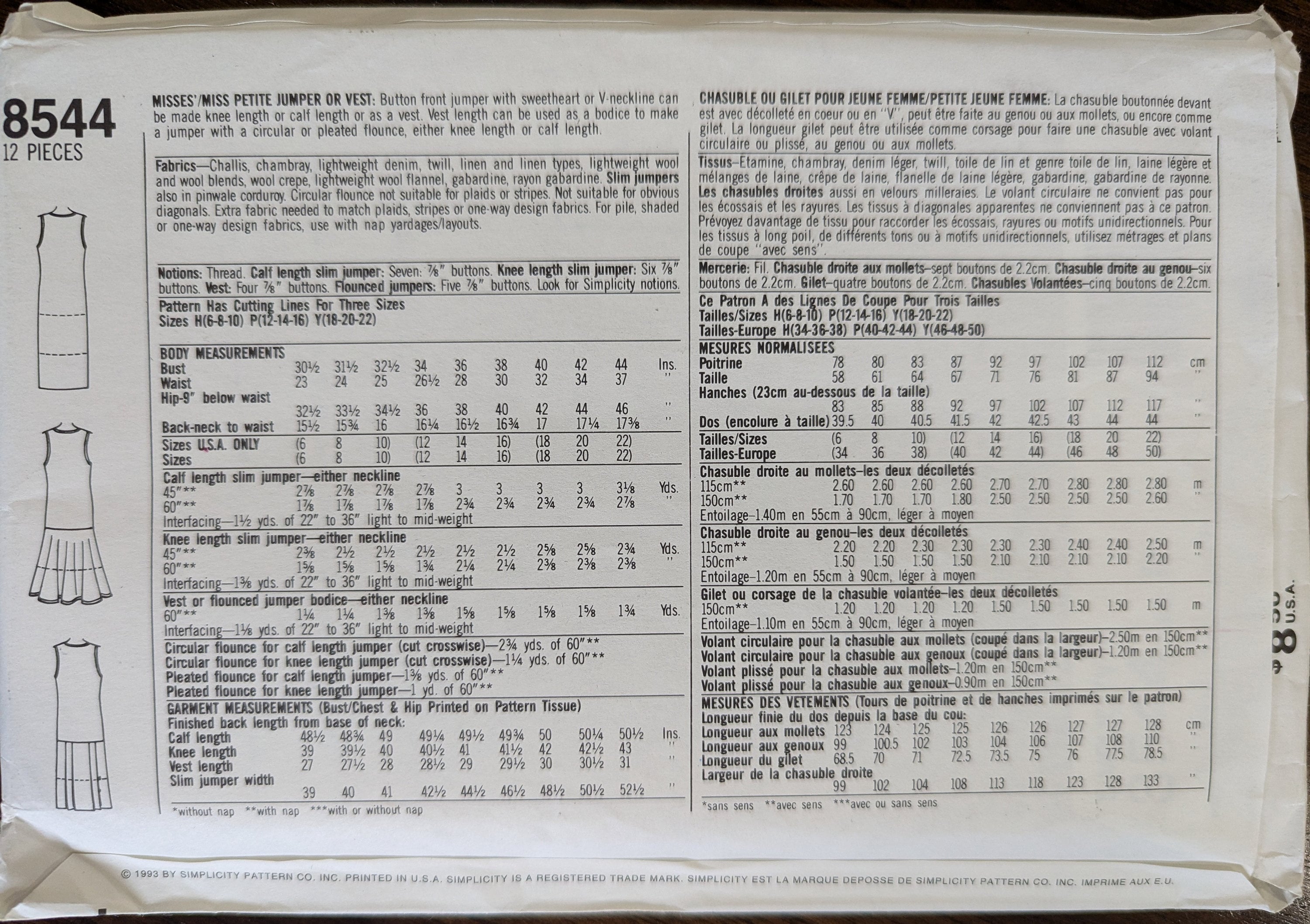 Uncut Simplicity Sewing Pattern 8544 for Misses' Jumper or Vest With ...