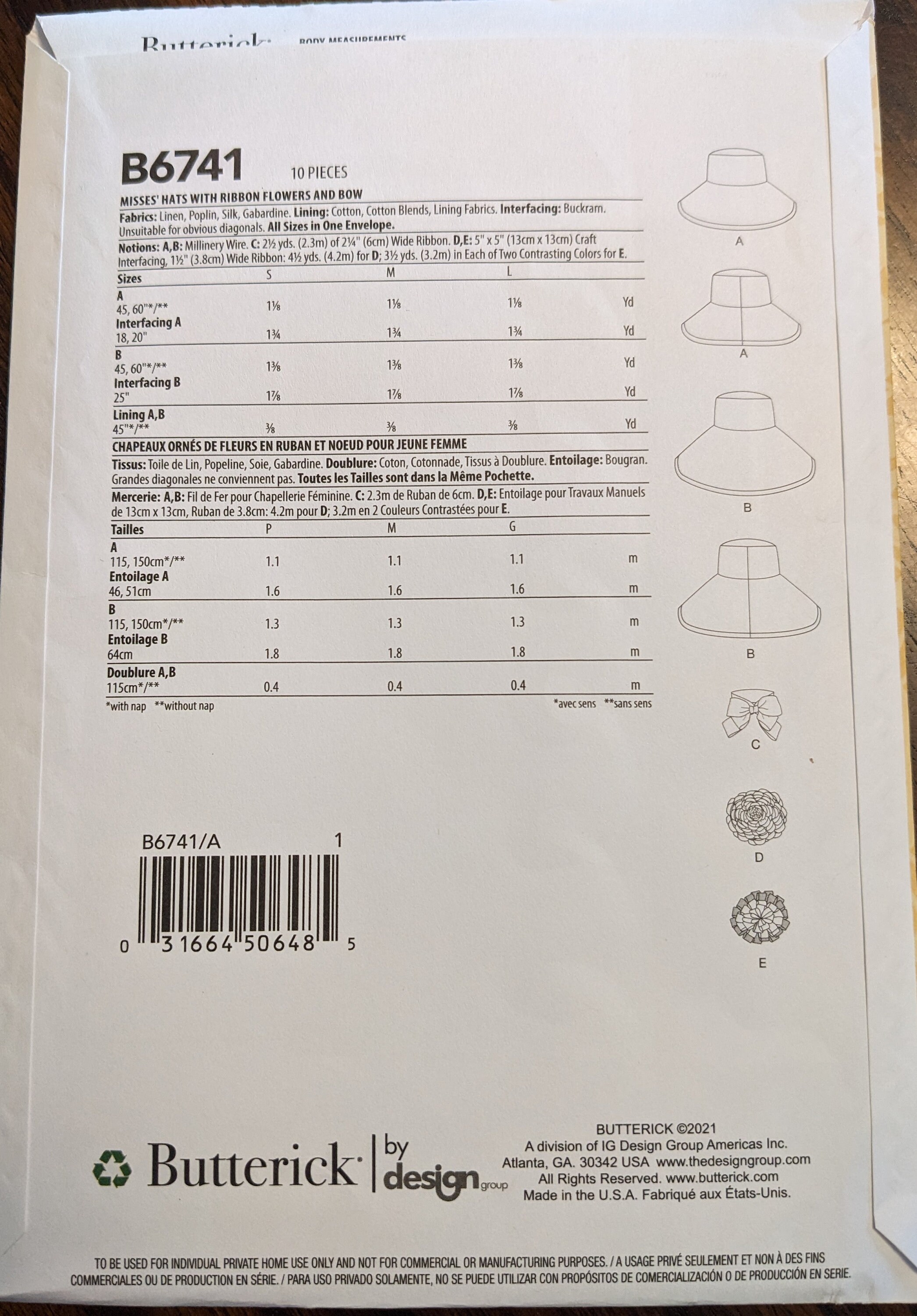 Uncut Butterick Sewing Pattern #B6741 for Misses' Hats With Ribbons ...