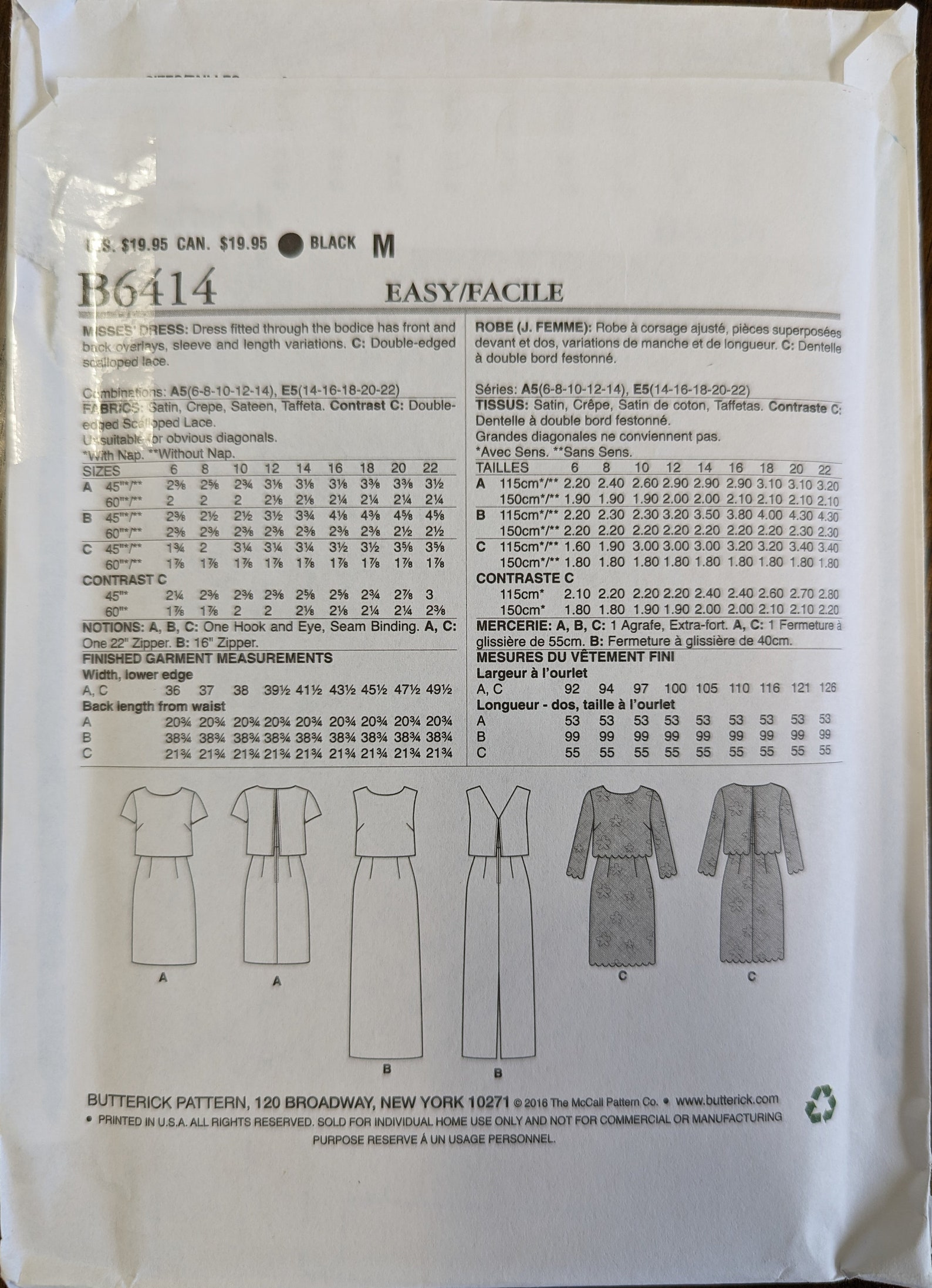 Uncut Butterick Sewing Pattern #B6414 for Misses' and Misses' Plus Size ...