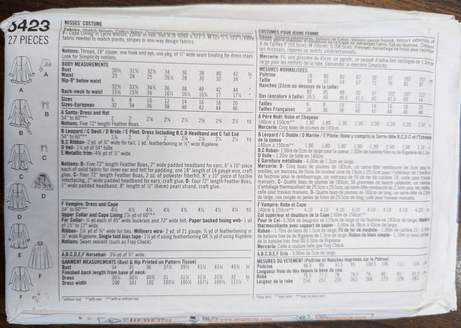 Uncut Simplicity Sewing Pattern 5423 for Misses' Halloween Costumes ...