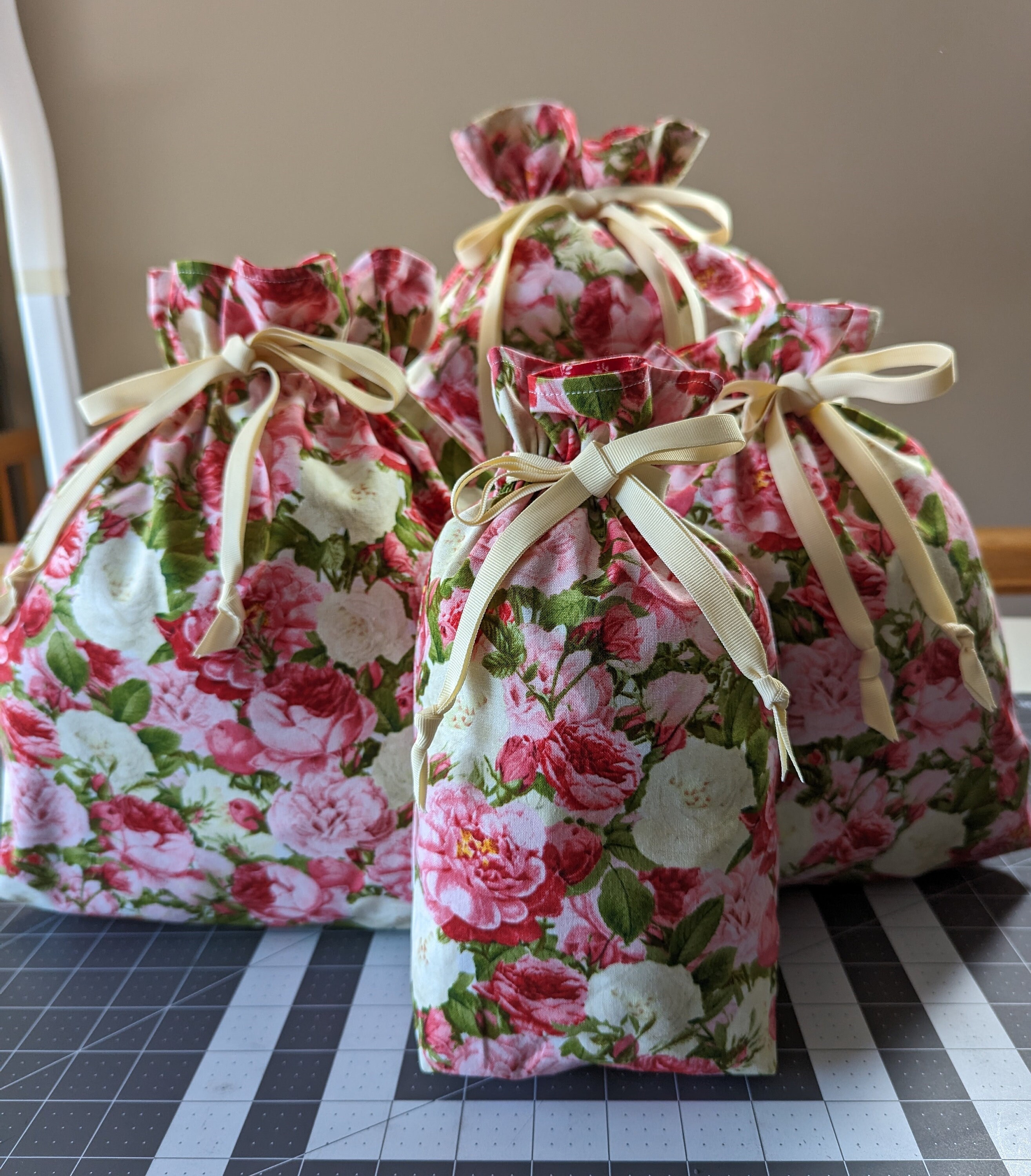 Eco Friendly Pink and Red Floral Fully Lined Drawstring Fabric Gift ...