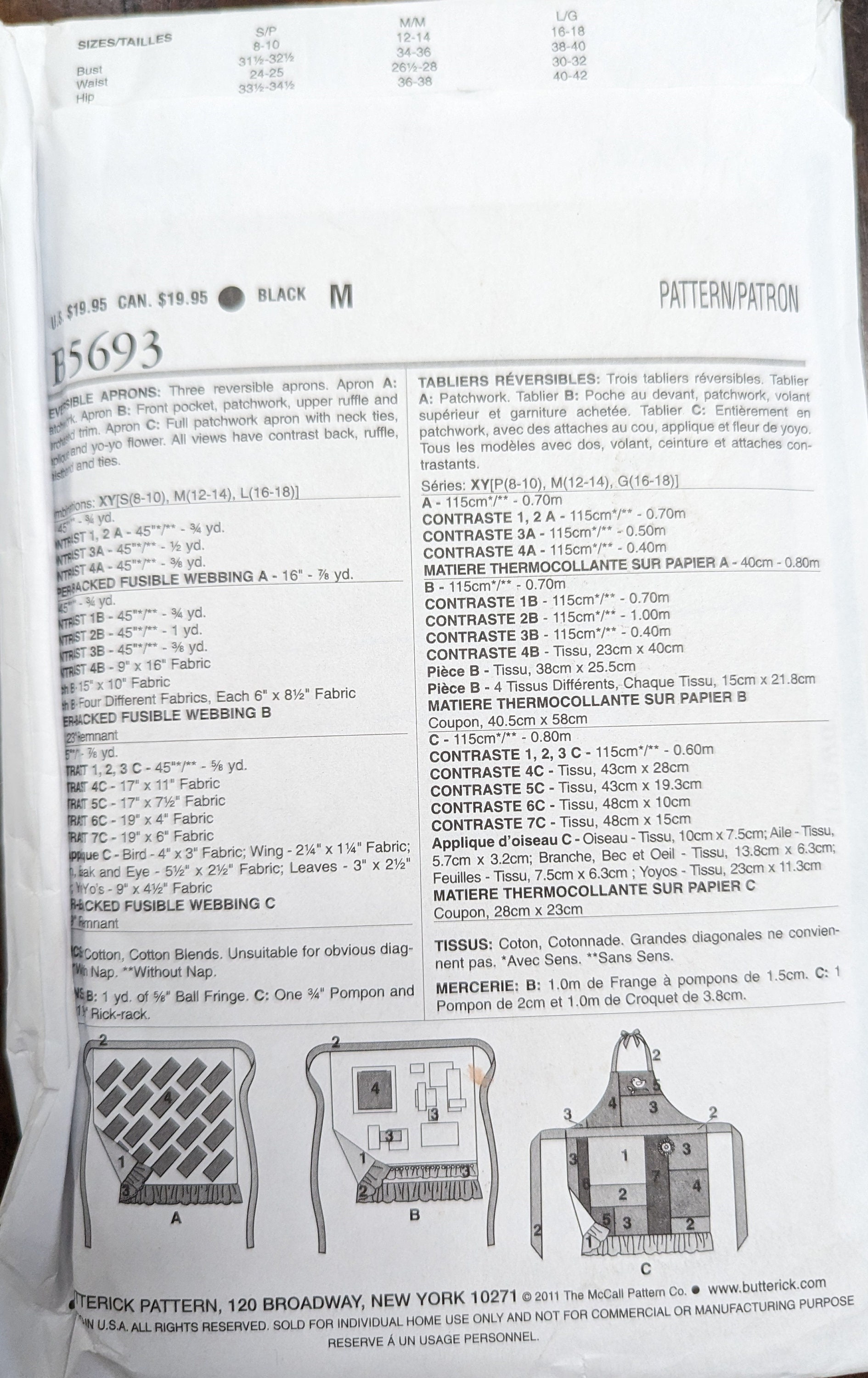 Uncut Butterick Sewing Pattern B5693 for Reversible Aprons. Sizes S-M-L ...