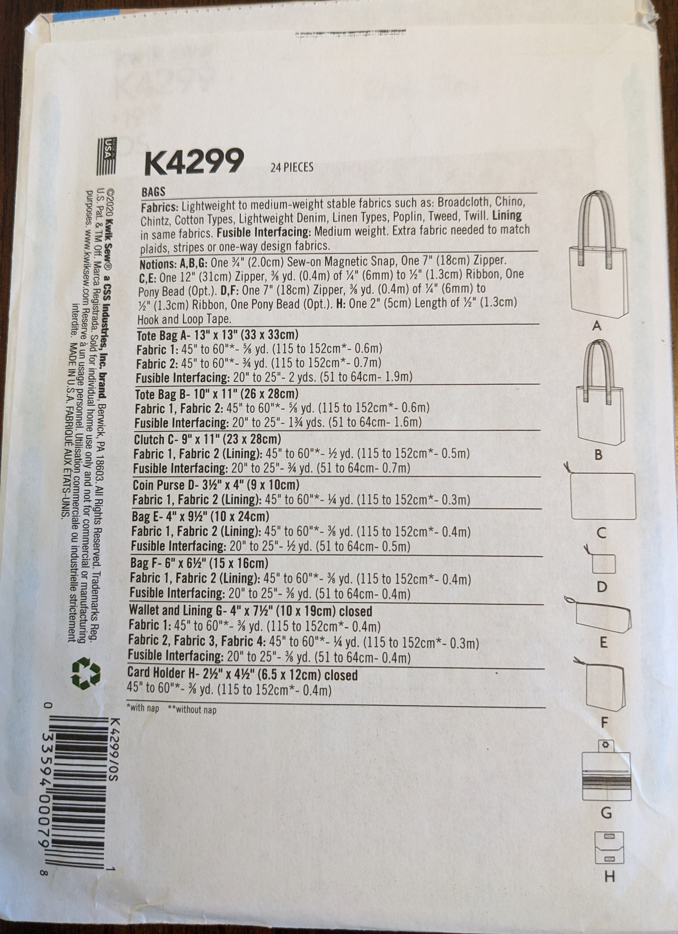 Uncut Kwik Sew Sewing Pattern K4299 for Tote Bags Clutch Coin Purse ...