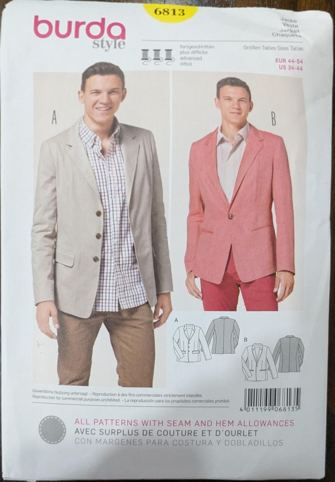Uncut Burda Sewing Pattern #6813 for Men's Jackets With 2 Variations ...