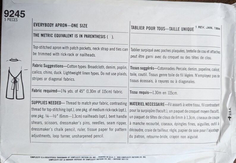 Uncut Simplicity Sewing Pattern 9245 for Unisex Apron. One Size. Learn ...