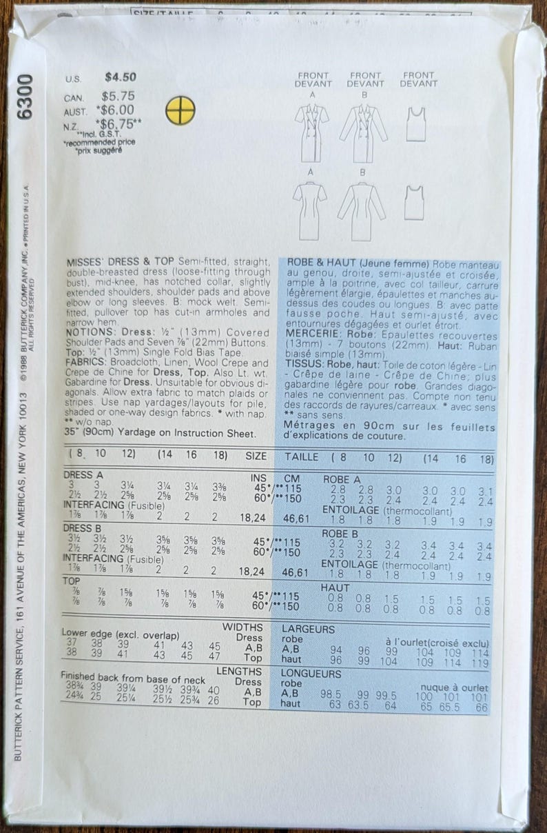 Uncut Butterick Sewing Pattern #6300 for Misses' Dress and Top. Sizes 8 ...