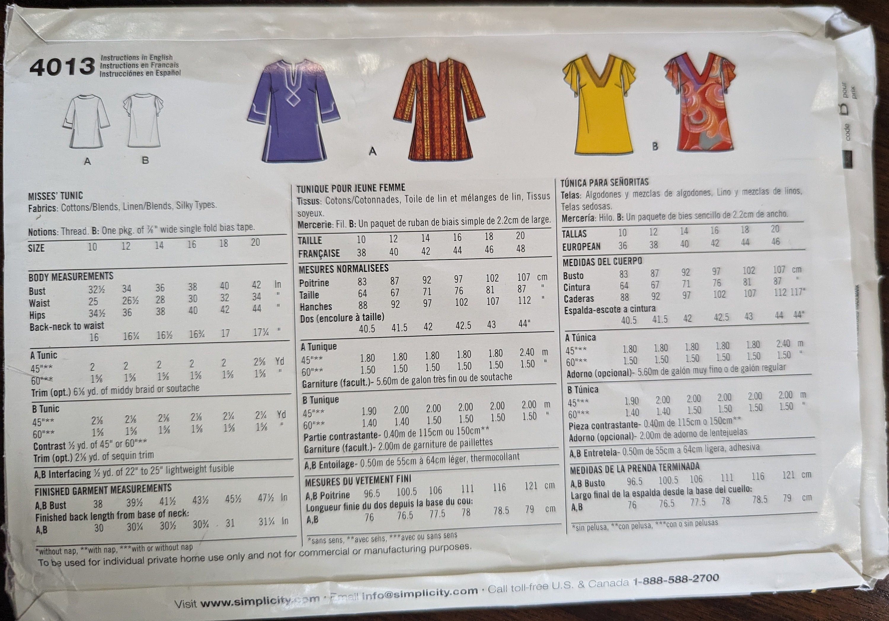 Uncut Simplicity Sewing Pattern 4013 for Misses' and Plus Size Tunic ...