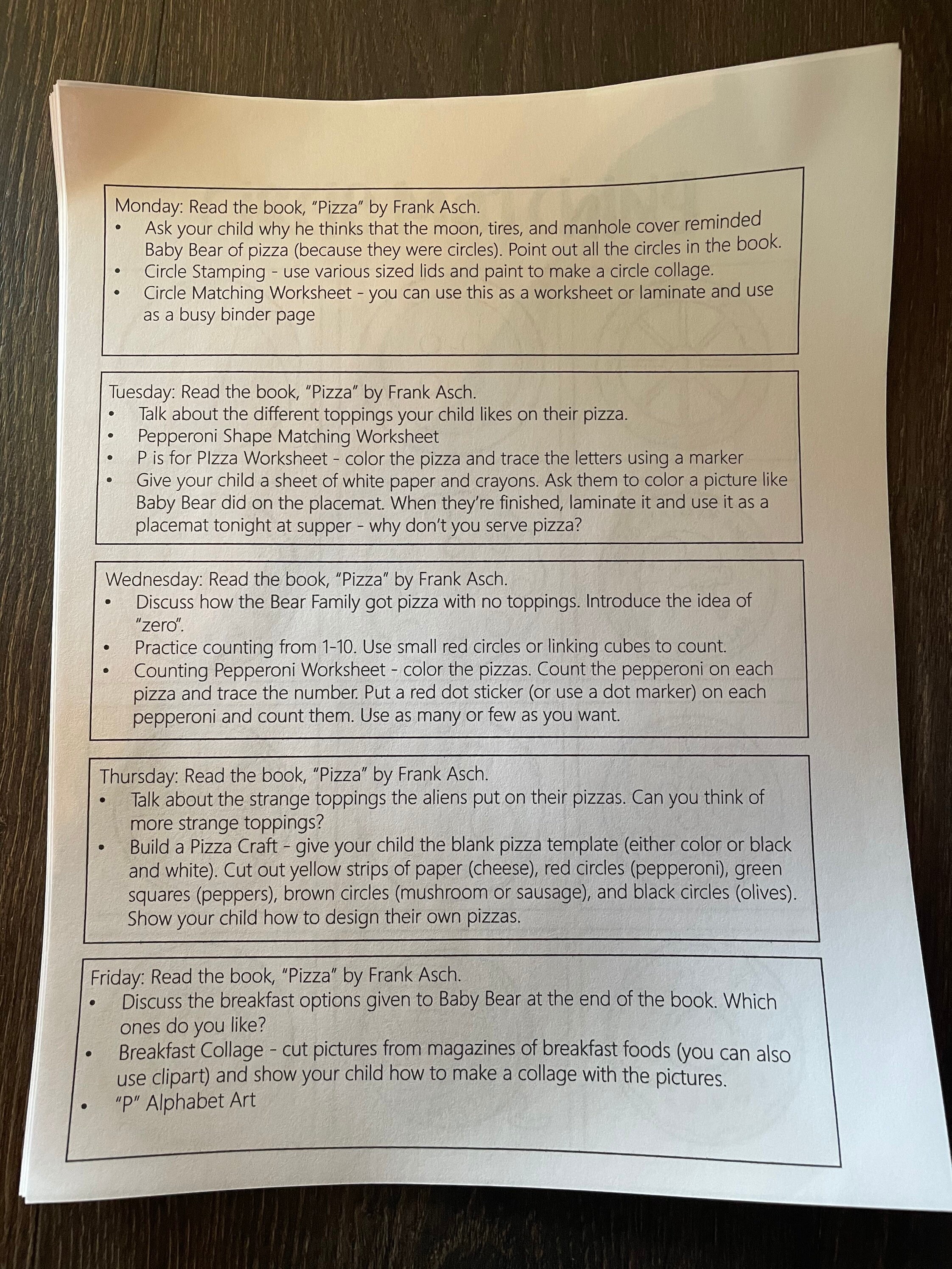 Pizza by Frank Asch book companion Letter P Letter of the | Etsy