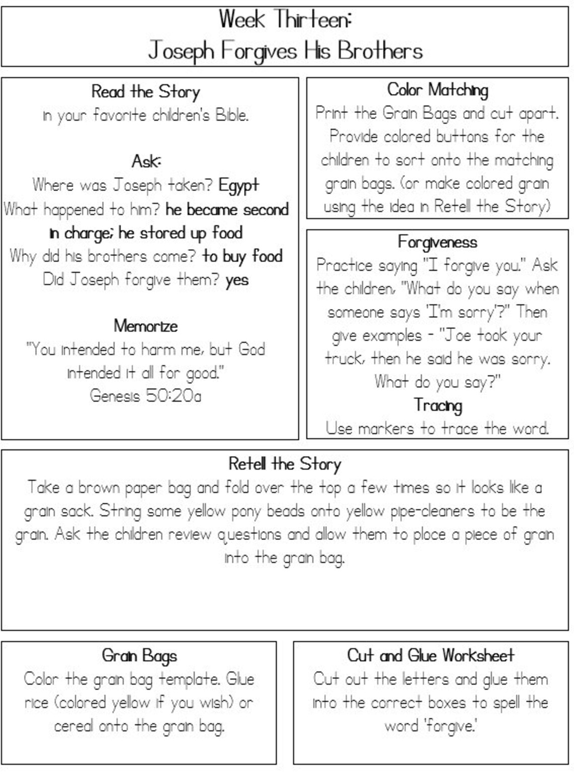 Preschool Bible Lessons 1-13 Creation Through Joseph Forgives His ...