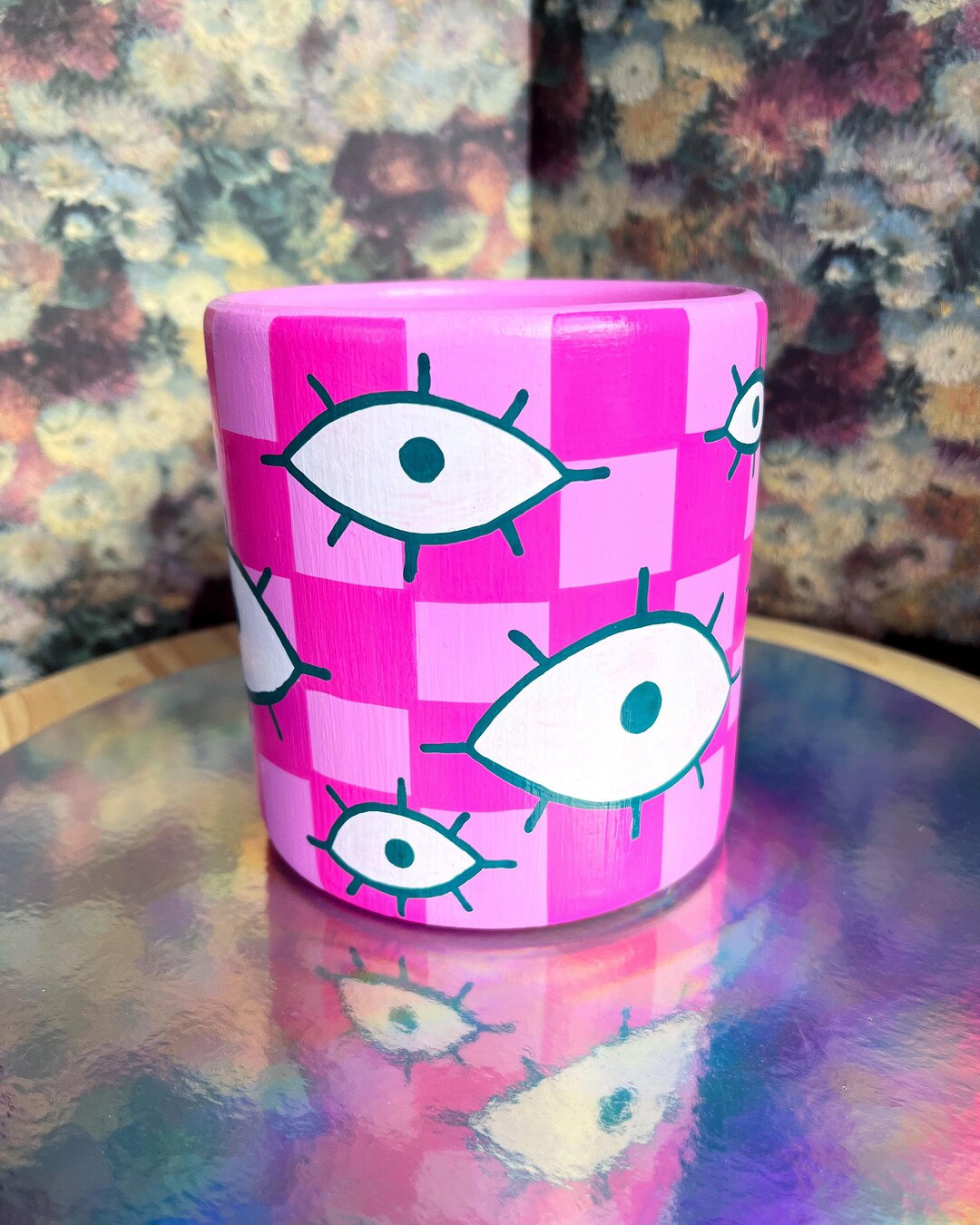 Big Checker Pot Square Eyes Pattern Pink Teal Plant Flower Garden ...