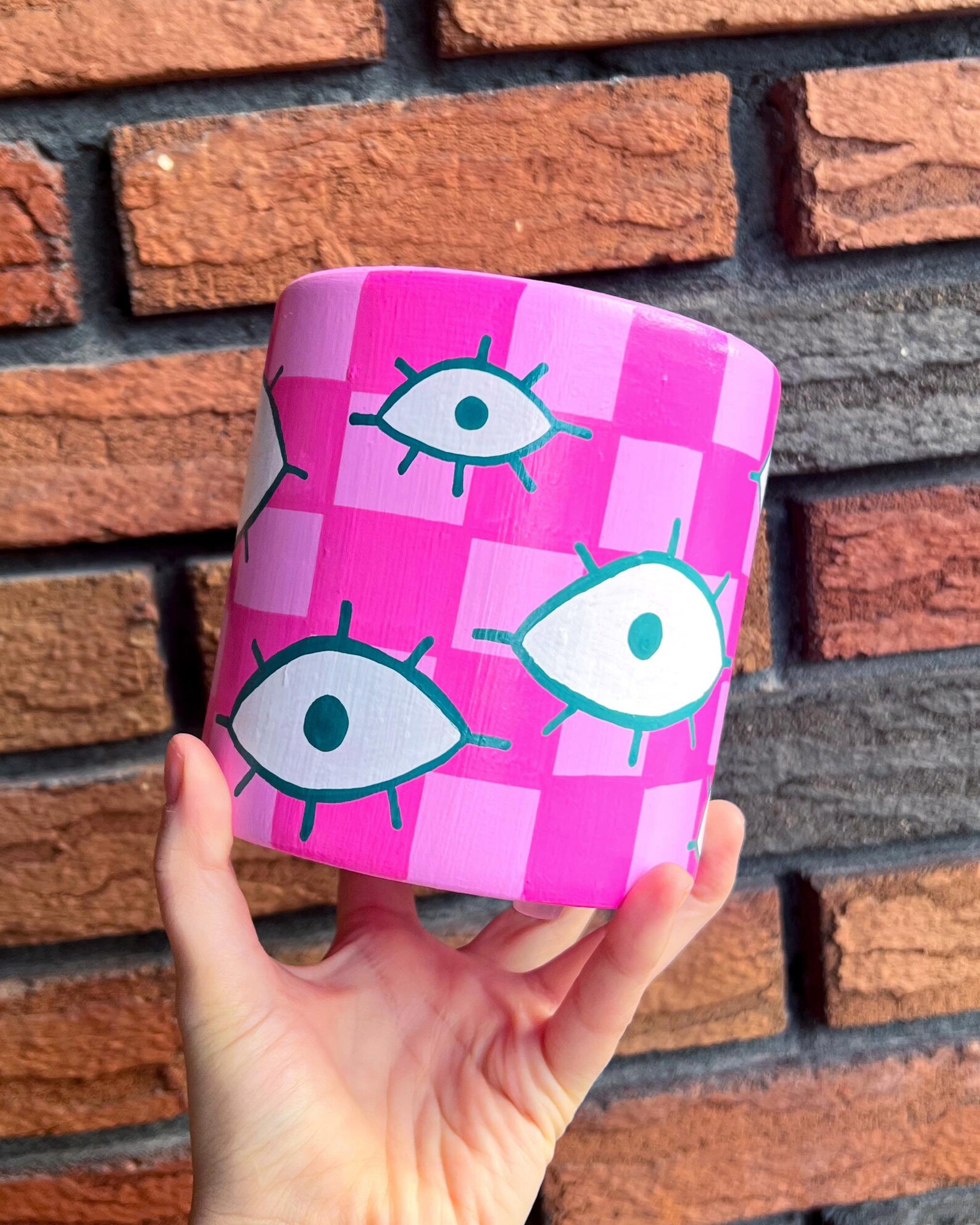 Big Checker Pot Square Eyes Pattern Pink Teal Plant Flower Garden ...